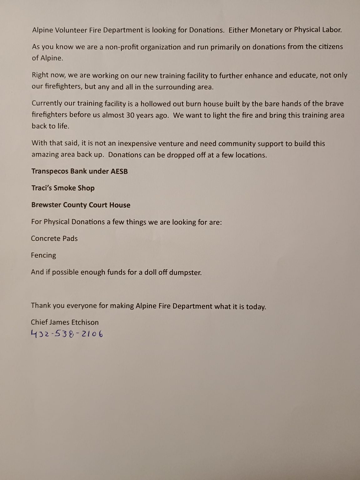 ALPINE VOLUNTEER FIRE DEPT NEEDS (11-26) – Big Bend Radio